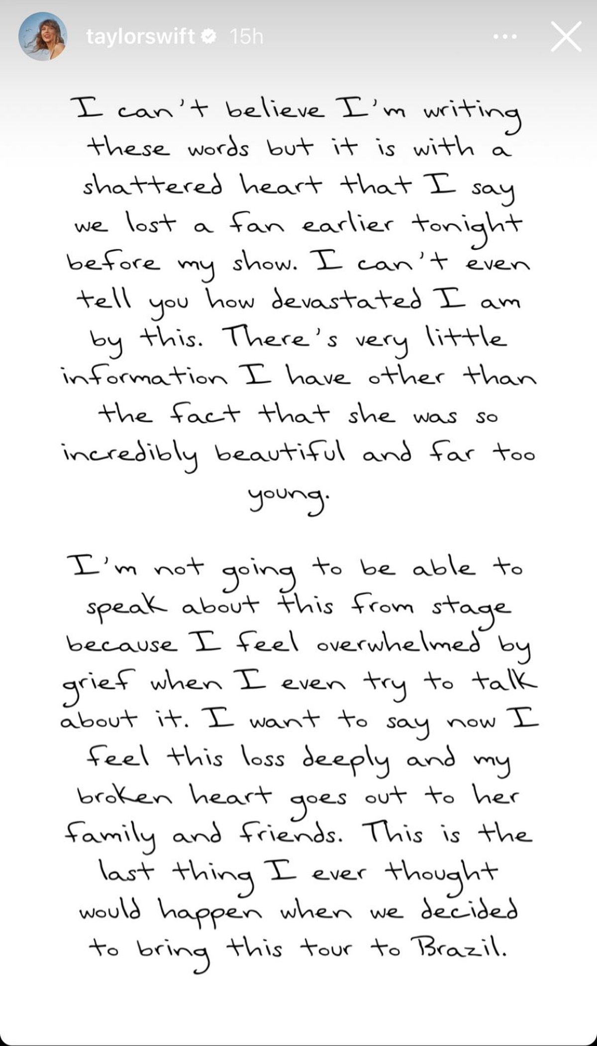 La desgarradora carta de Taylor Swift tras la muerte de una fan en uno ...