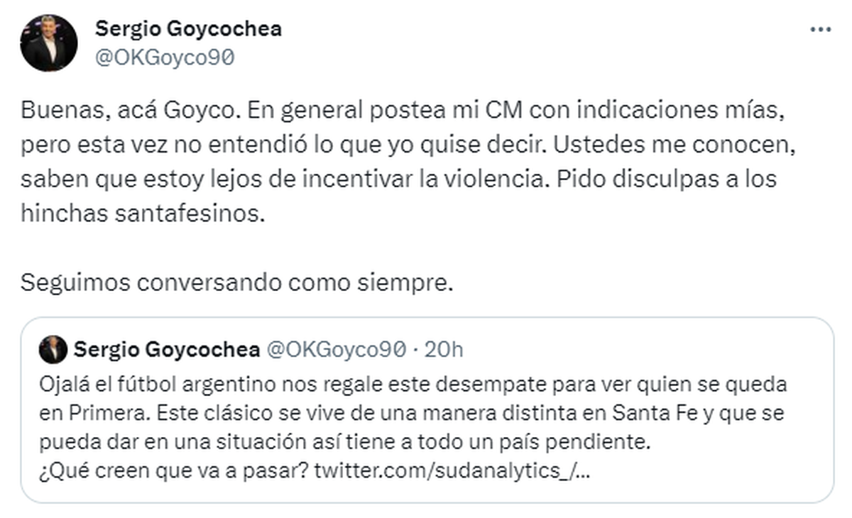 Sergio Goycochea aclaró su polémico tweet sobre Colón, Unión y el descenso