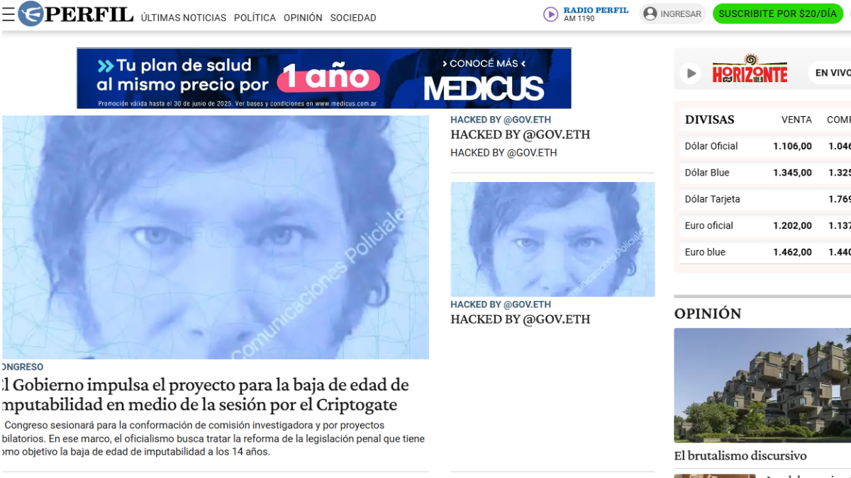El hacker GOV.ETH vulneró la seguridad de Diario Perfil y dejó mensajes con la foto de Javier Milei