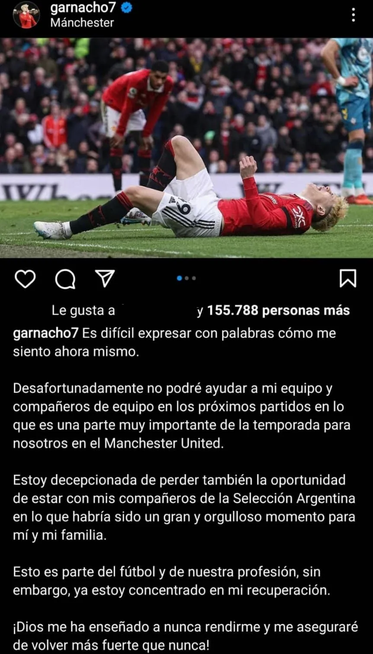 Qué lesión sufrió Alejandro Garnacho y cuánto tiempo estará sin jugar