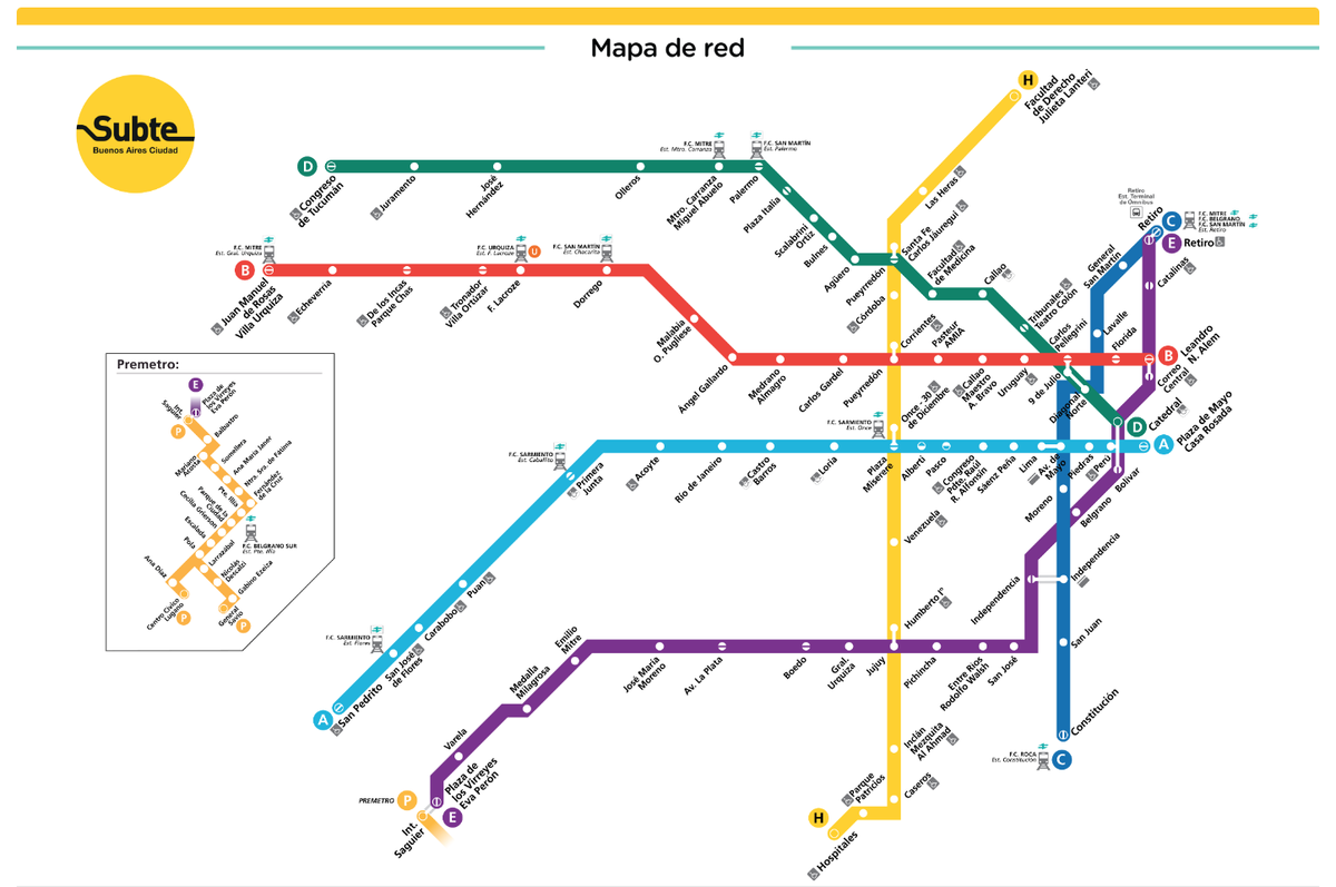 Mapa del subte y combinaciones en la Ciudad de Buenos Aires