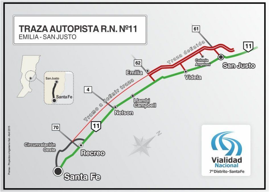 Traza definida en Autopista de Ruta 11 entre Emilia y San Justo