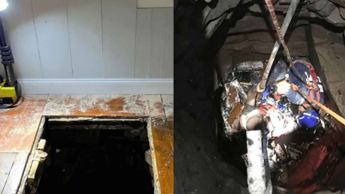 Un hombre cae a un pozo de 9 metros a través del suelo de su casa y es ...